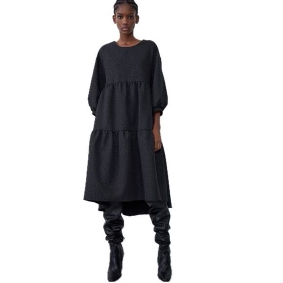 Zara | Dresses | Zara Dress Womens Small Black Balloon Sleeve Jacquard Voluminous Tiered Midi ...